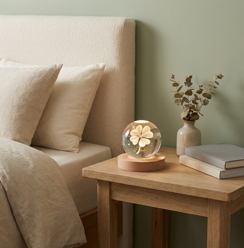 Four Leaf Clover Lamp With Wooden Base, Glass Crystal Ball Night Light ...
