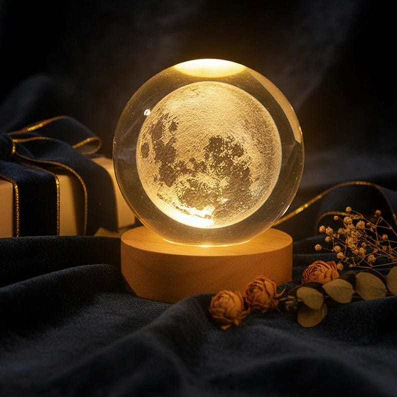 Moon Crystal Ball Lamp, 3D Laser Engraved Moon Night Light, Warm ...