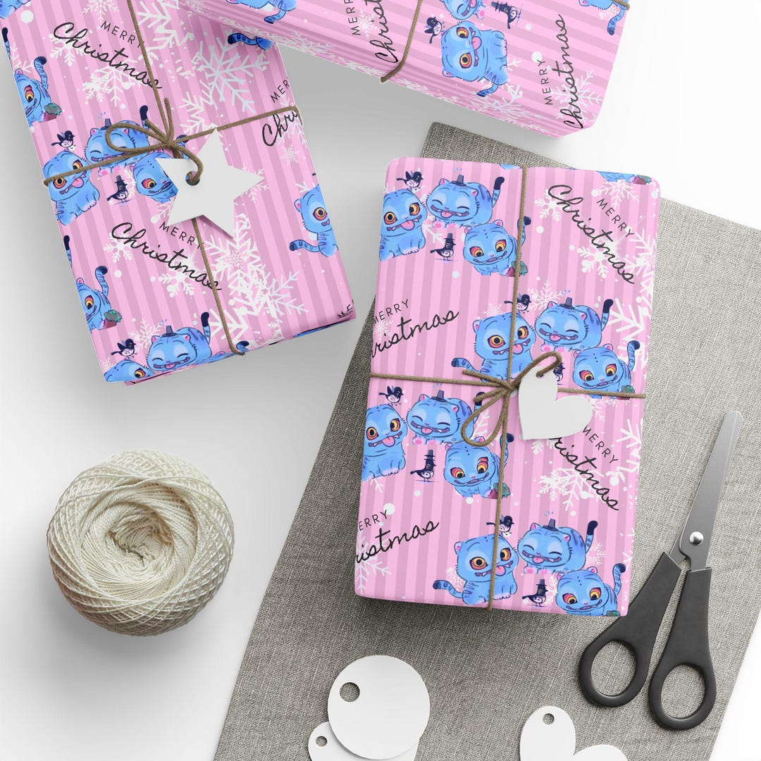 K-pop Demon Blue Cute Cat Christmas Wrapping Paper | Pink Snowflake ...