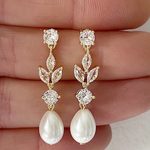 Bridal Earrings Pearl Drop Gold Wedding Earrings Pearl Drop Bridal Earring Long Crystal Bridal ...