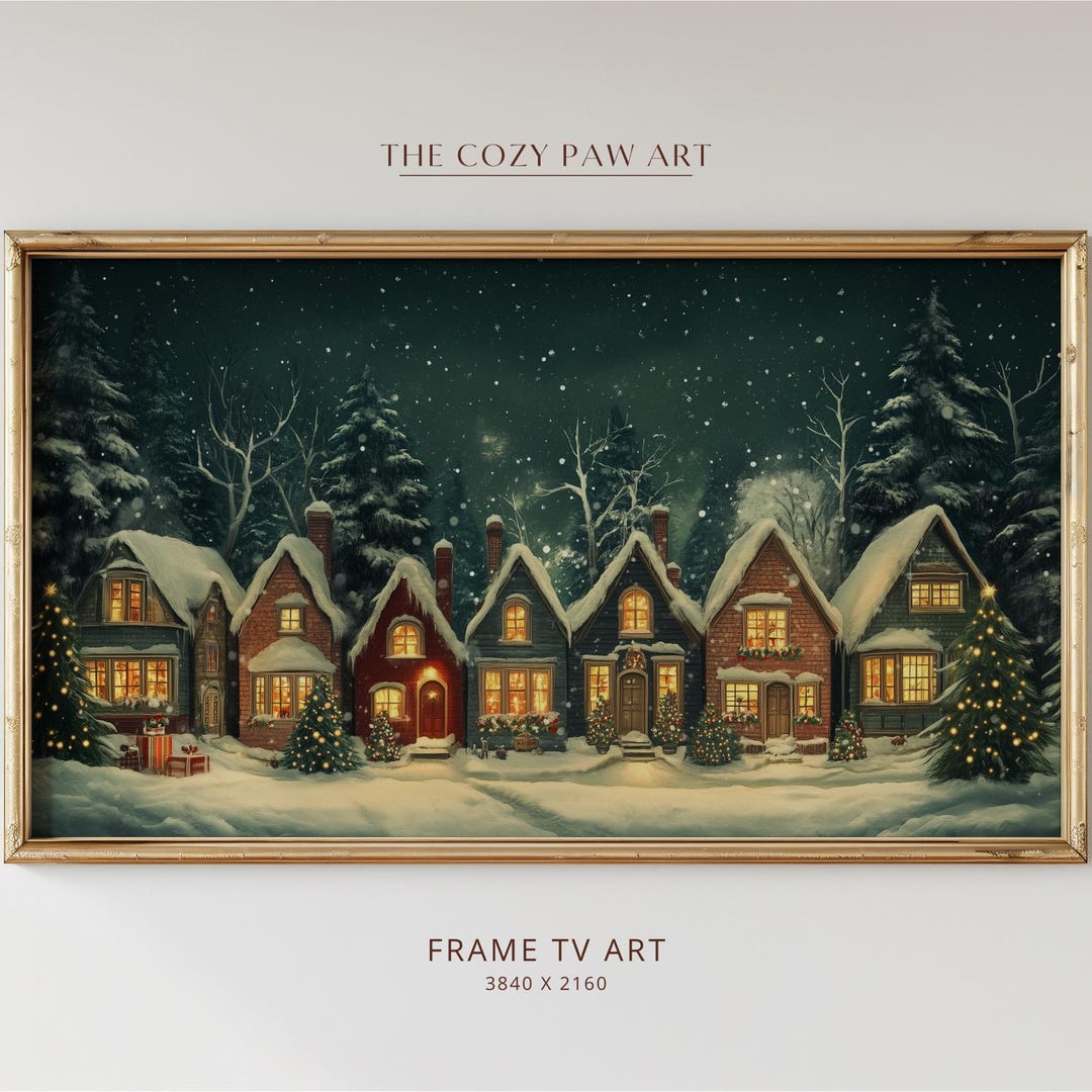 Vintage Christmas Village Frame TV Art, Winter Landscape Painting, Old ...