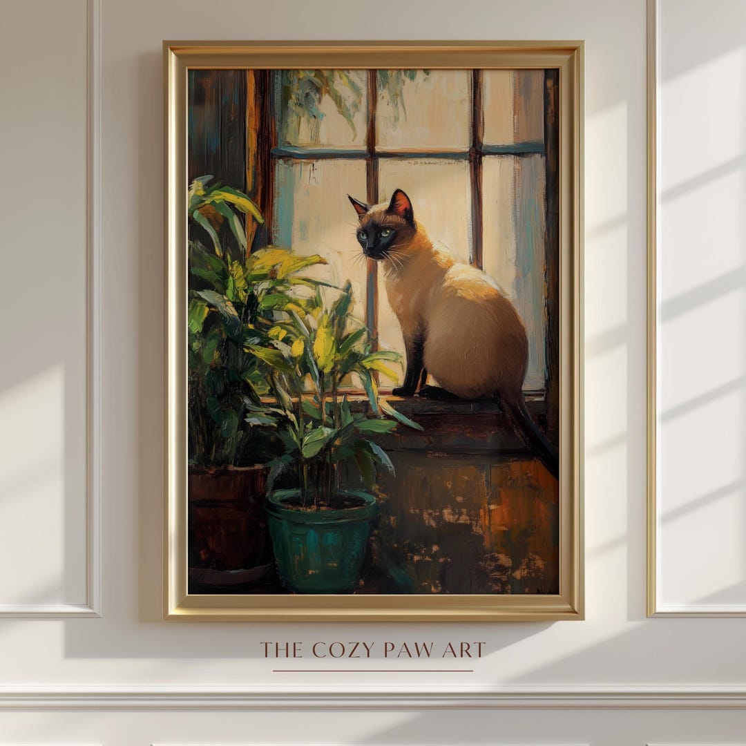 Rustic Earthy Cat Wall Art, Siamese Cat Prowling Windowsill Oil ...