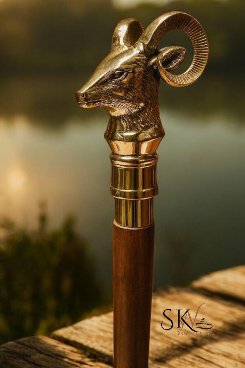 Handmade Goat Cane Walking Stick Head – Brass Handle Carved Solid ...