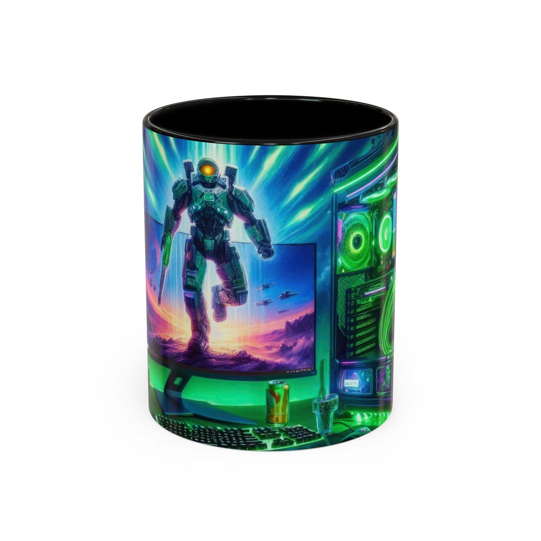 Cyber Gamer Rig Mug | Neon PC Setup, Mecha Pilot, RGB Streaming Coffee ...