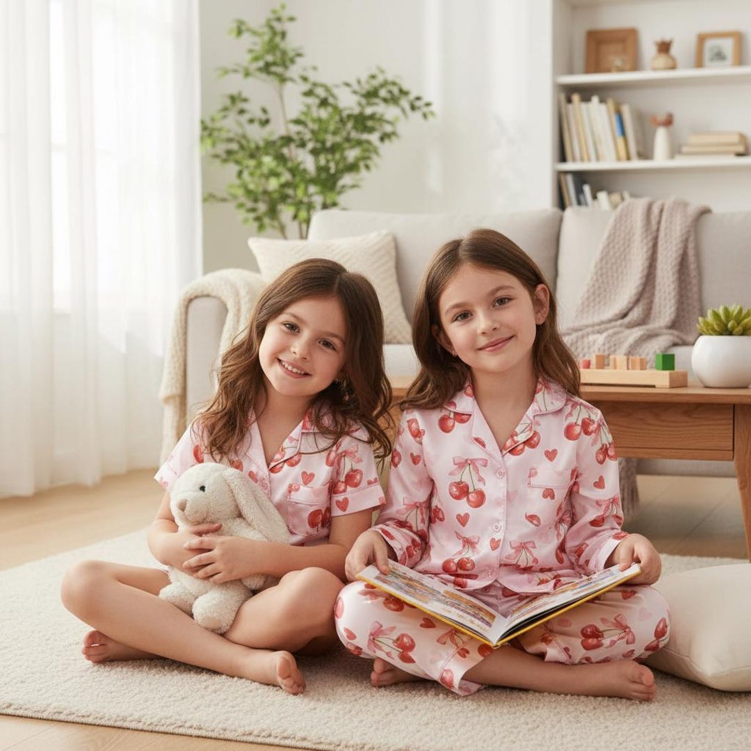 Kids Satin Pajama Set Cherry Print – Cute Fruit Pattern Sleepwear for ...