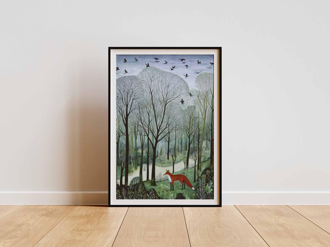 Red Fox Forest Art Print, Snowy Winter Woodland Landscape, Whimsical ...