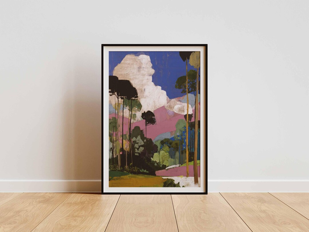 Abstract Mid Century Forest Art Print, Pink Blue Wall Decor (digital ...