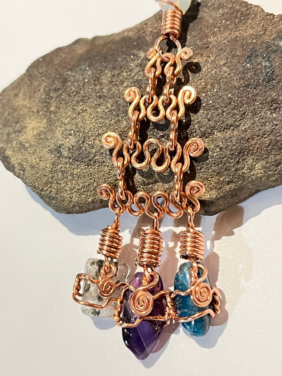 Triple Stone Artistic Cascading Copper Wire Wrap, Included Quartz, Dark ...