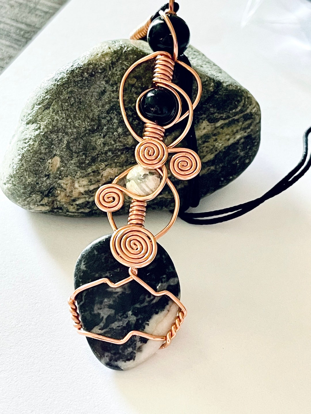 Zebra Marble Wand Necklace Copper Wire Wrap Handmade Jewelry Wand ...