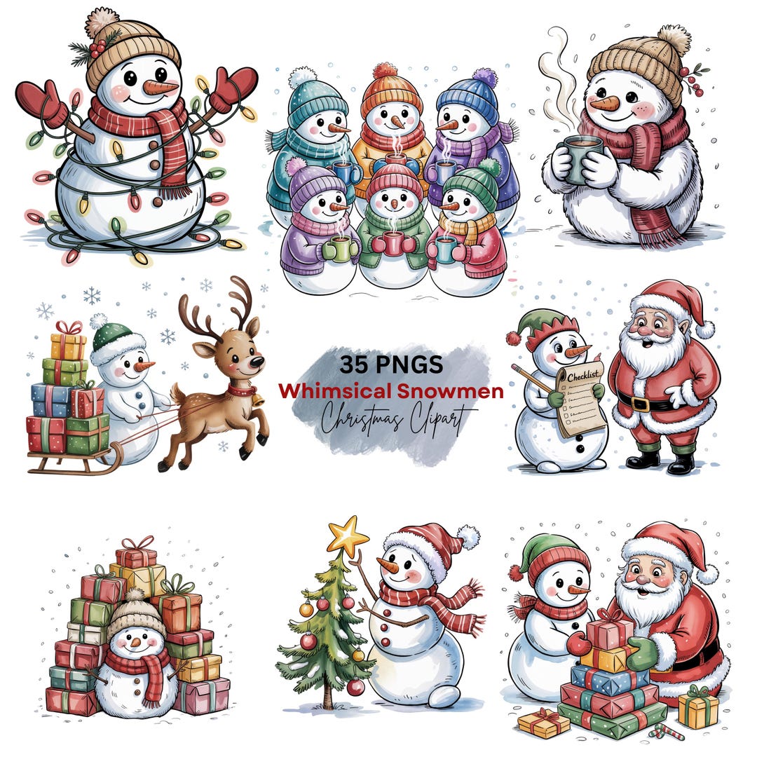 Whimsical Snowman Christmas Clipart Bundle – Festive Holiday Snowmen ...