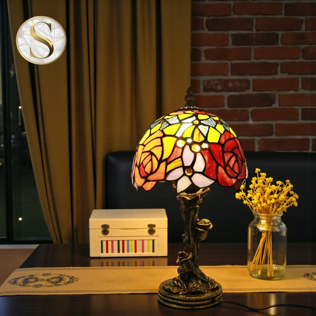 Tiffany Rose Table Lamp Stained Glass Vintage Floral Handmade Decor ...