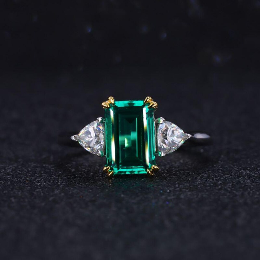 Emerald Cut Green Emerald Engagement Ring, Three Stone Diamond Ring ...