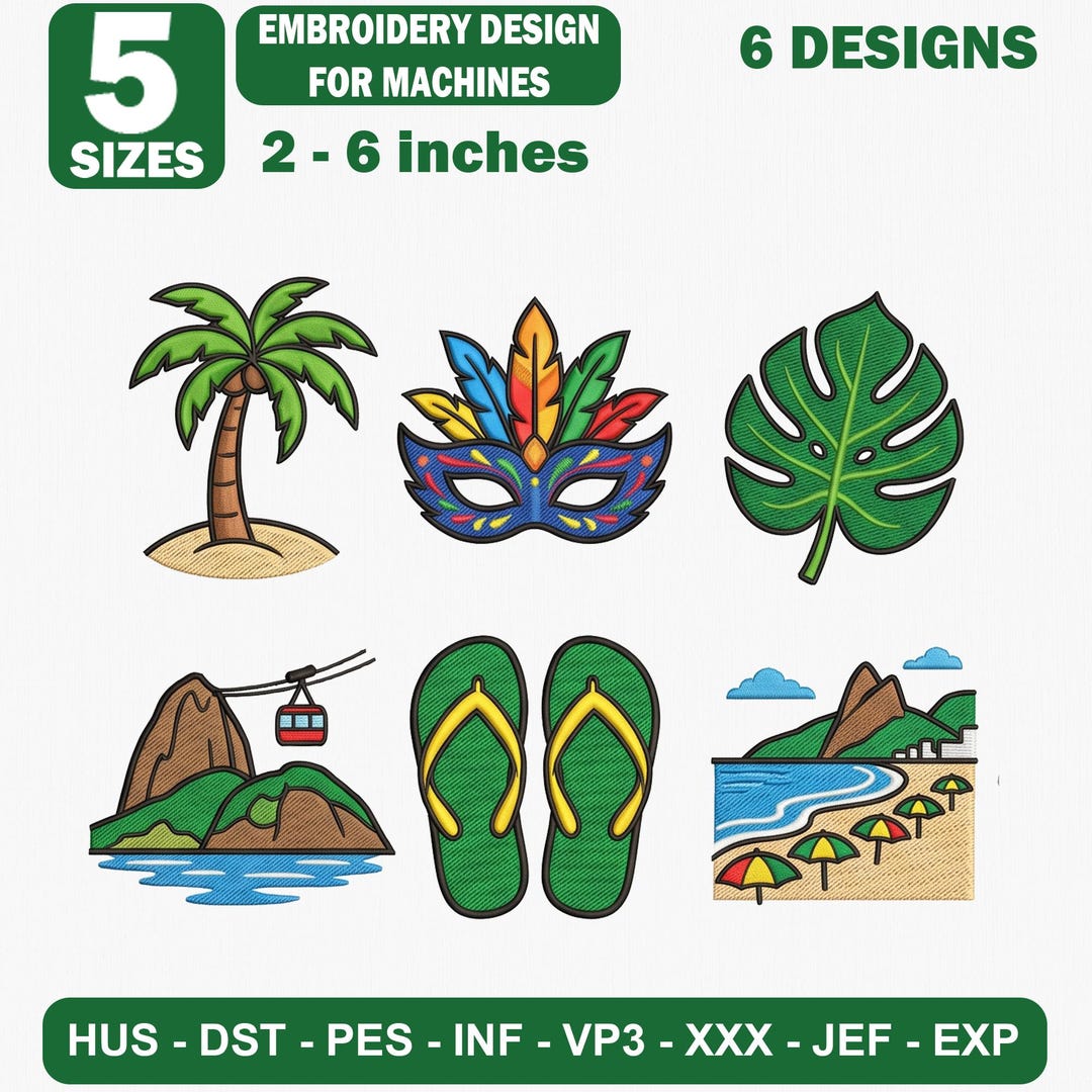 Brazil Travel Embroidery Designs, Rio Carnival Mask, Palm Tree ...