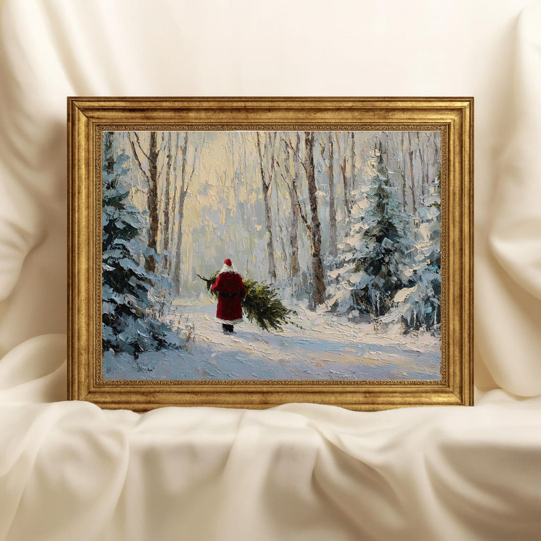 Textured Abstract Santa Claus Printable Artwork, Snowy Forest Christmas ...