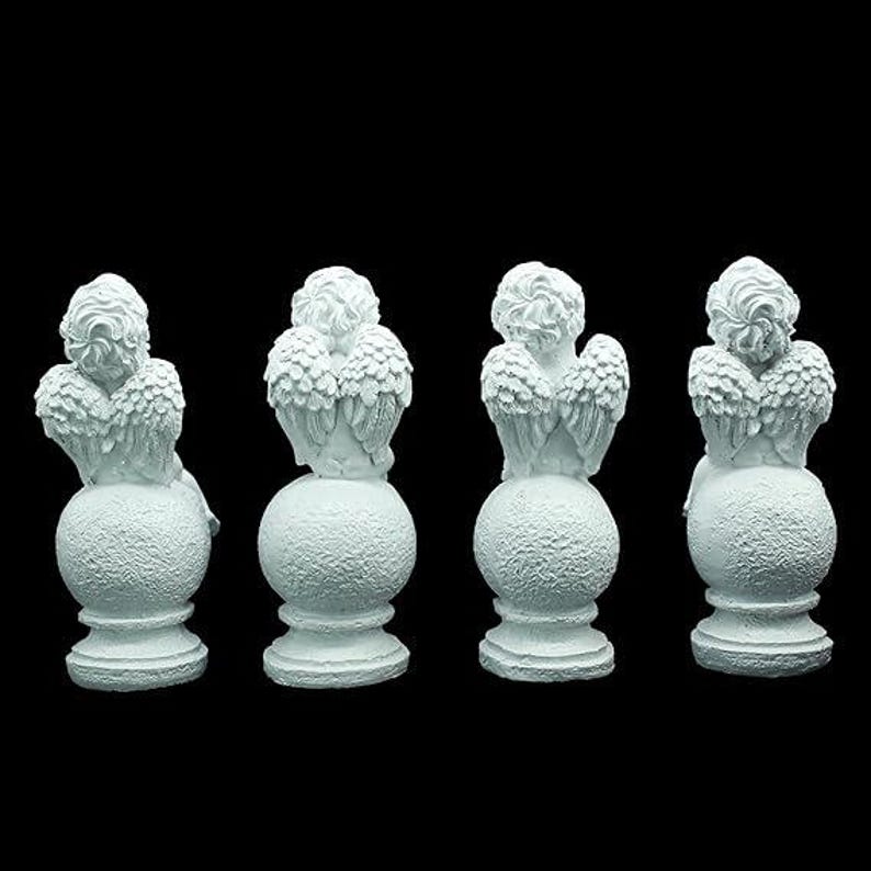 Set of 4 Cherub Figurines With Rose Crown, White Resin Angel Statues, Sitting Cupid Decor ...