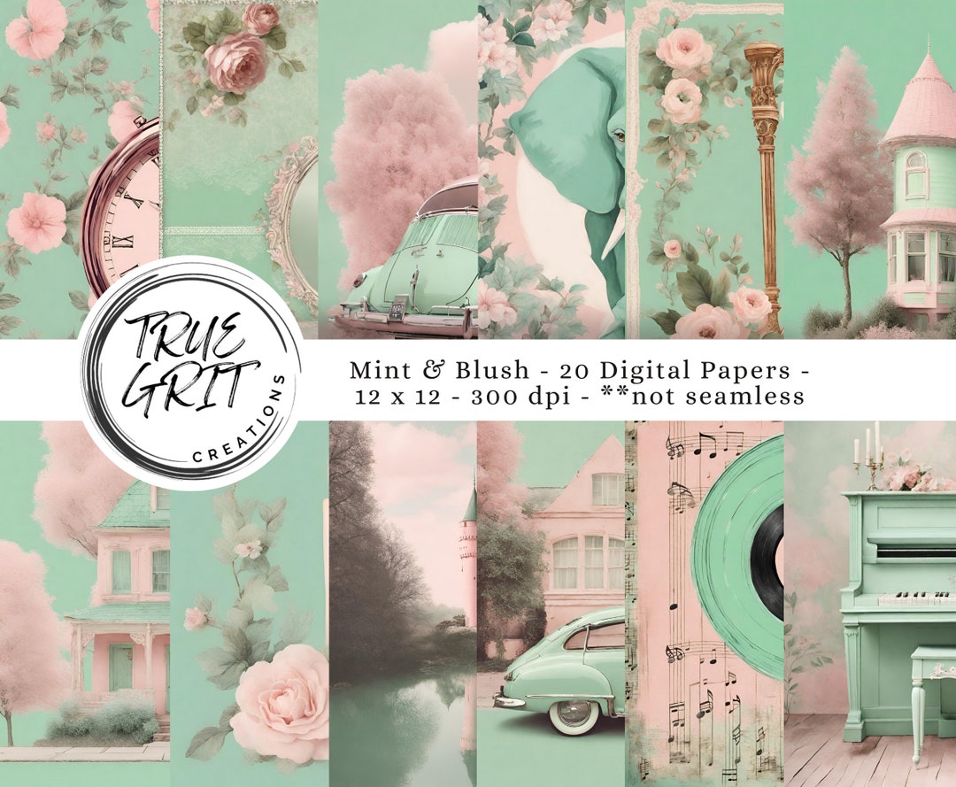 Green Pink Digital Paper Pack Mixed Media Images Vintage Downloads ...