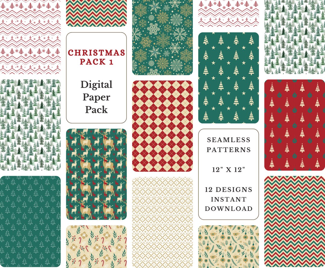 Vintage Christmas Digital Paper Pack: Red, Green & Gold Scrapbook ...