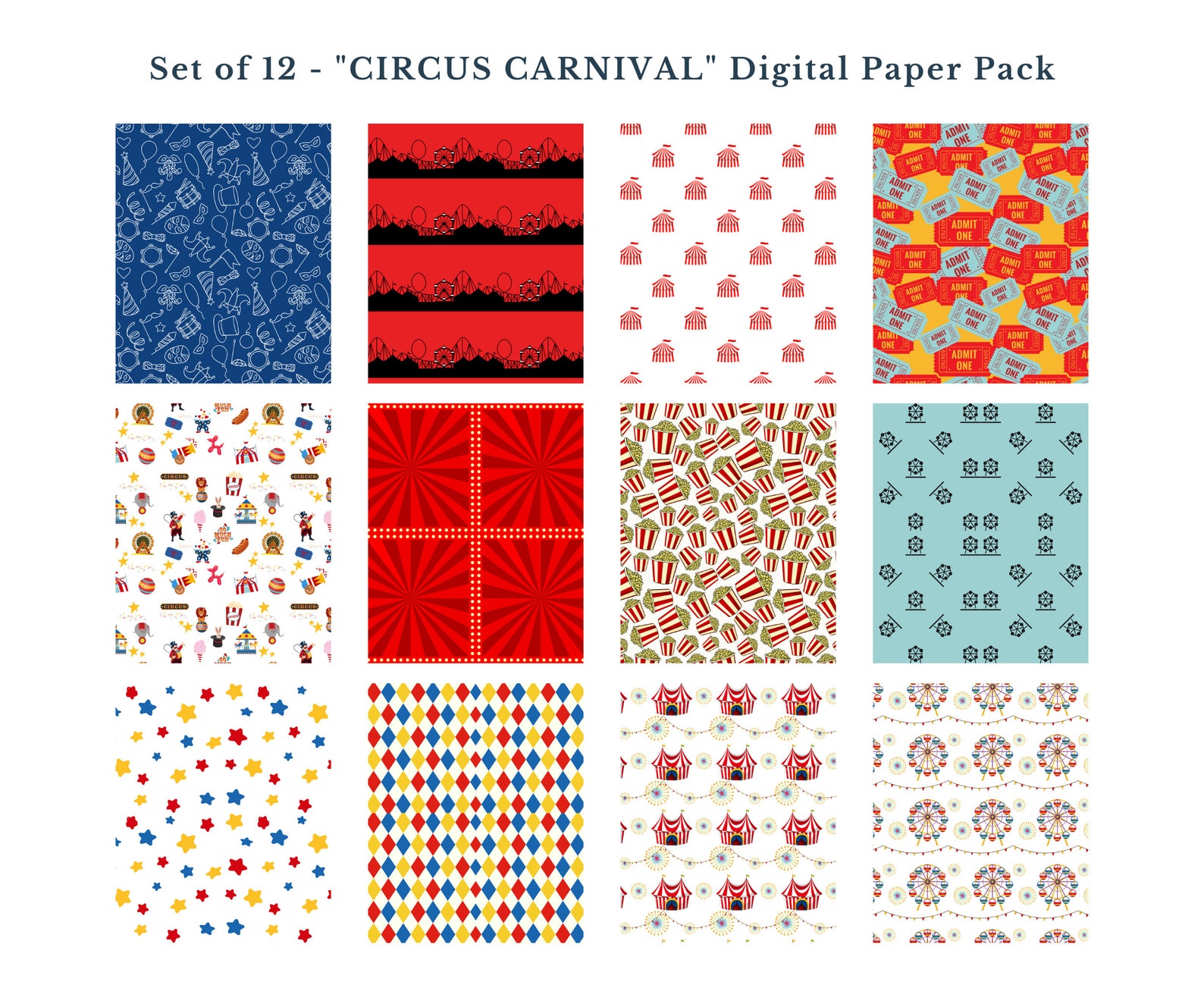 Circus Carnival Digital Paper Pack: Seamless Patterns (instant Download ...