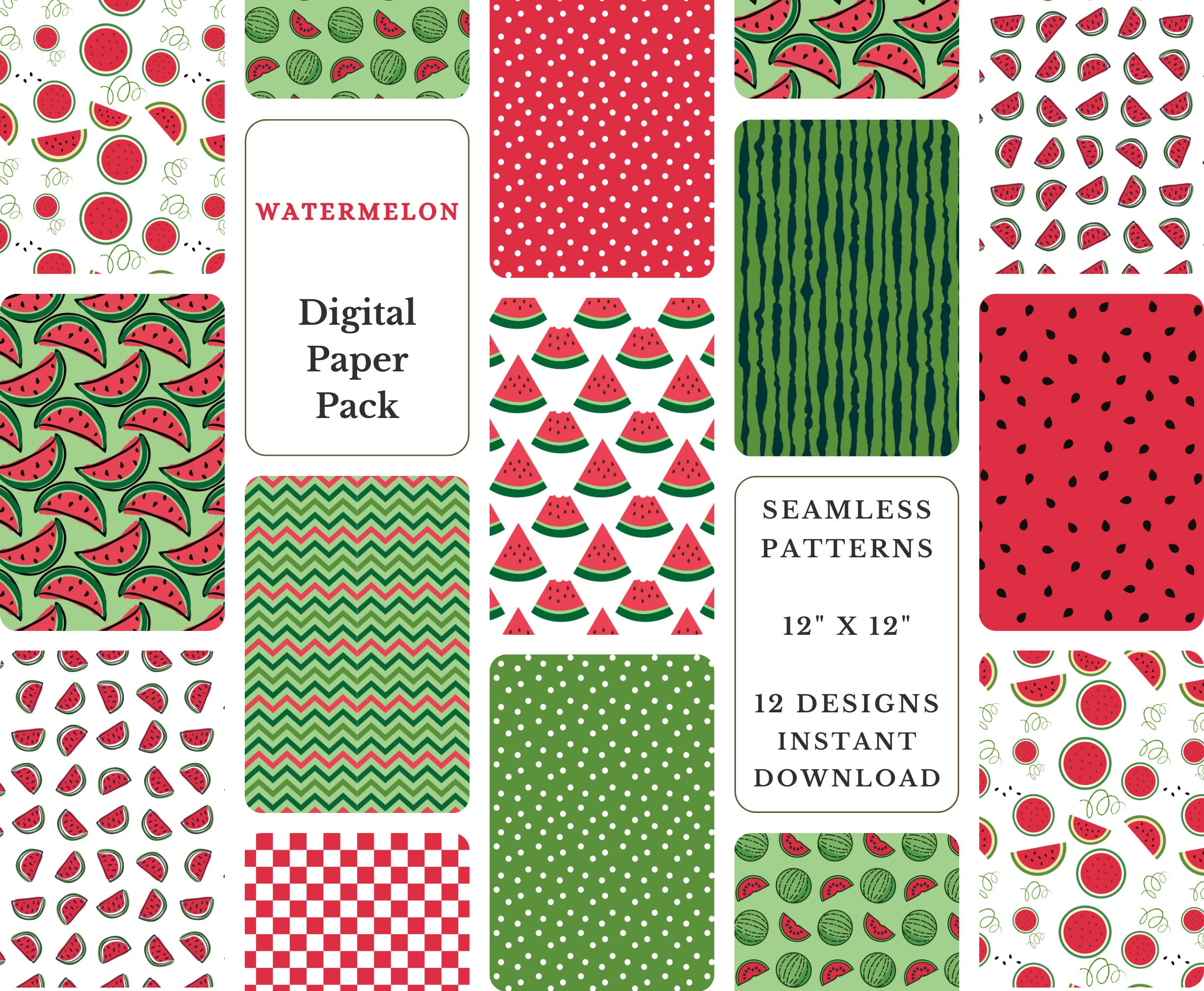 Digital Paper Pack Watermelon Patterns Scrapbooking Watermelons Digital ...