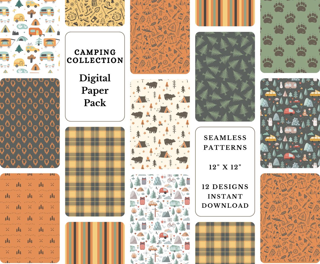 Camping Scrapbook Paper: Seamless Outdoor Patterns (digital Download ...