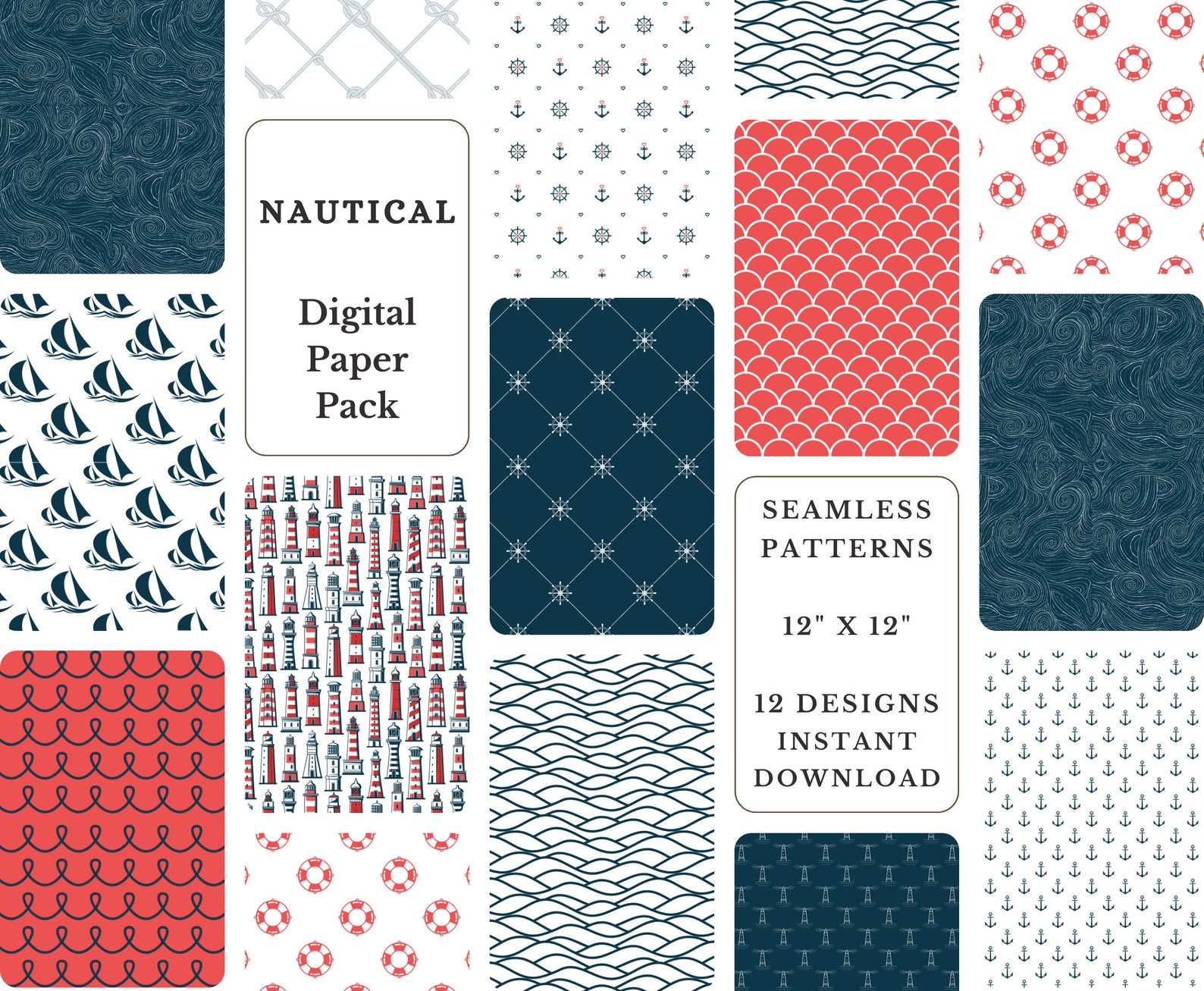 Nautical Digital Paper Pack | Coastal Seamless Patterns | Instant ...