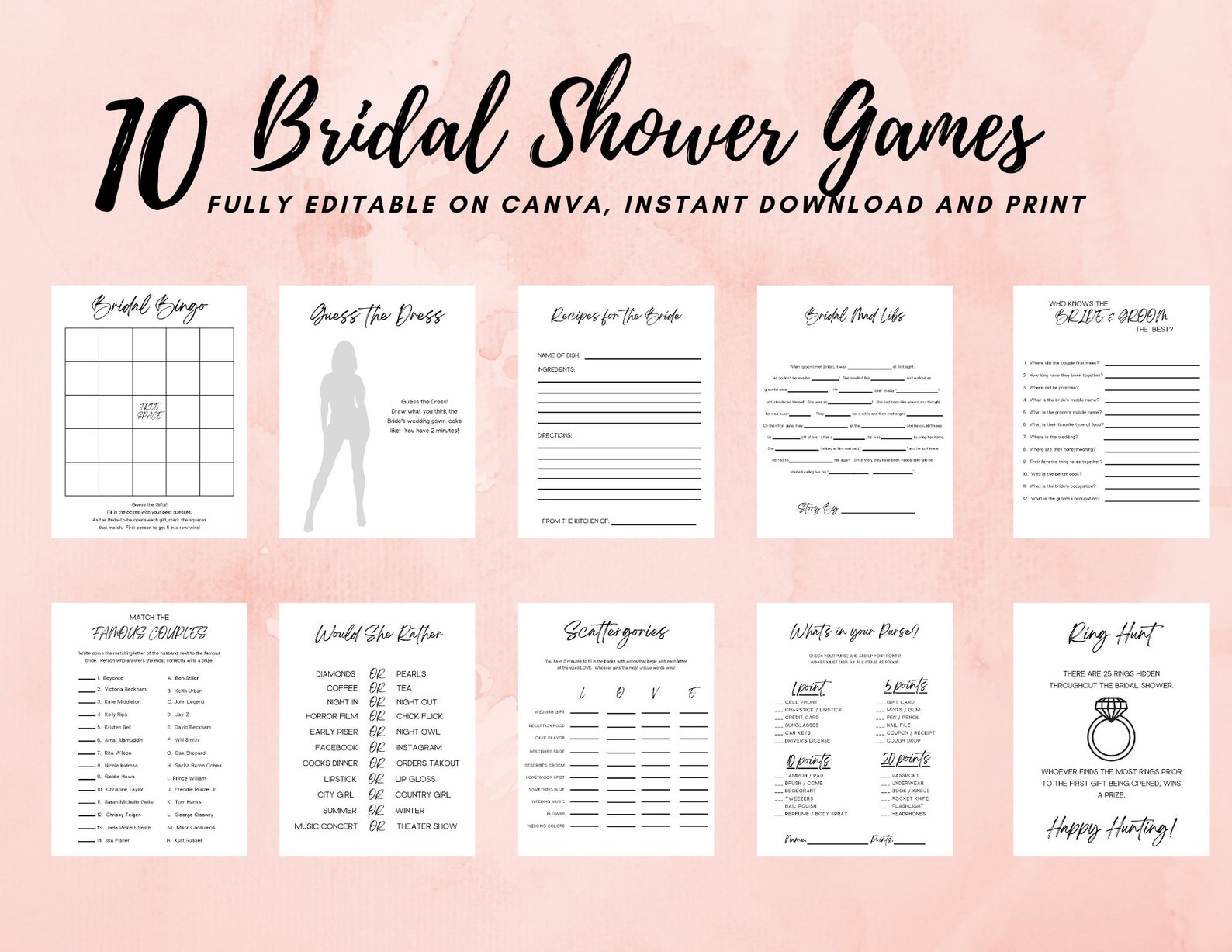 Printable Bridal Shower Games Instant Download Bridal Party - Etsy