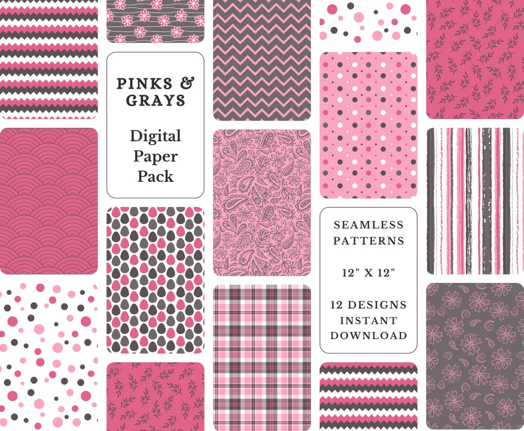 Digital Paper Pack, Pink and Gray Patterns, Scrapbook Papers ...