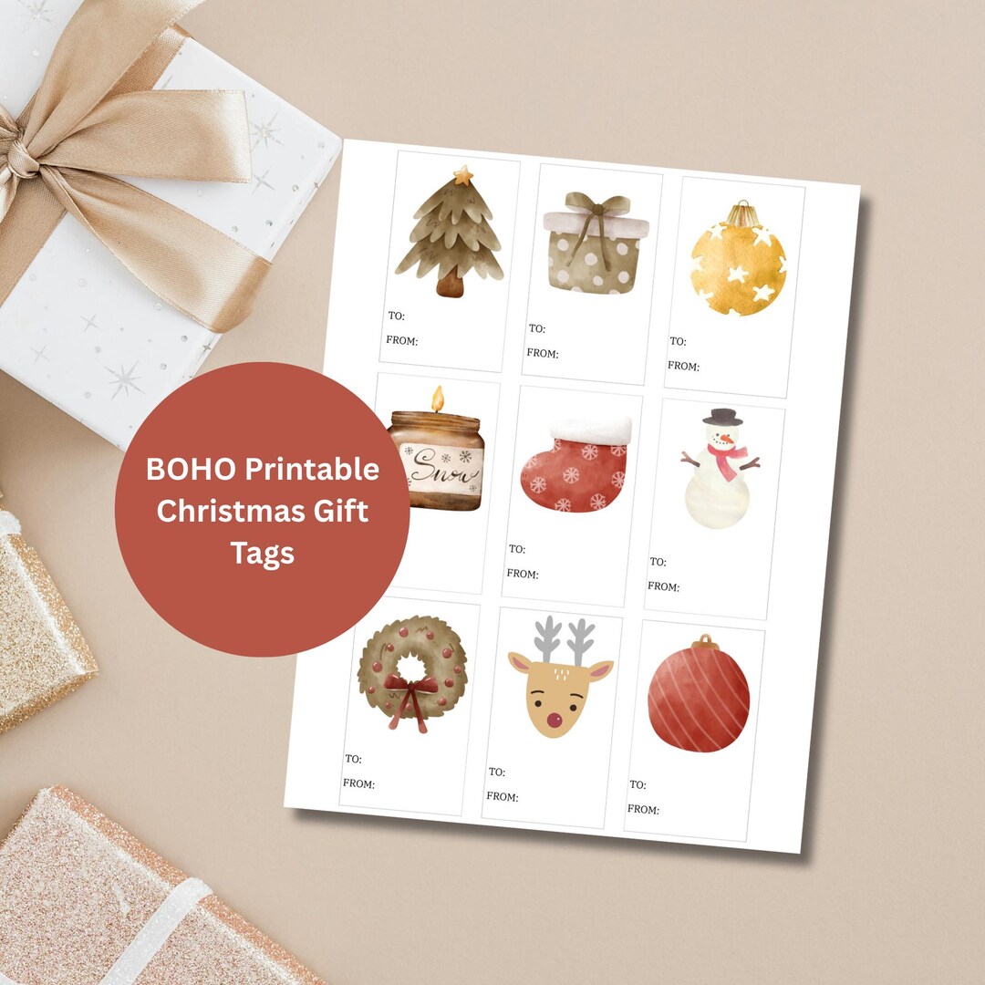 Boho Christmas Gift Tags, Printable Holiday Labels (digital Download ...