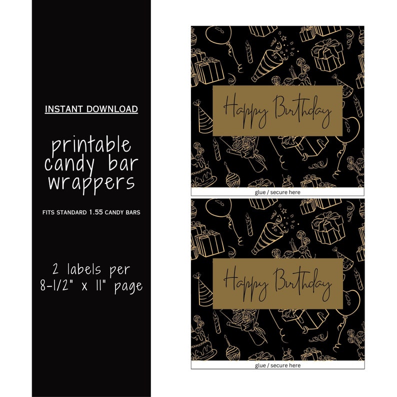 Happy Birthday Candy Bar Wrapper Printable Candy Wrapper Black Gold ...