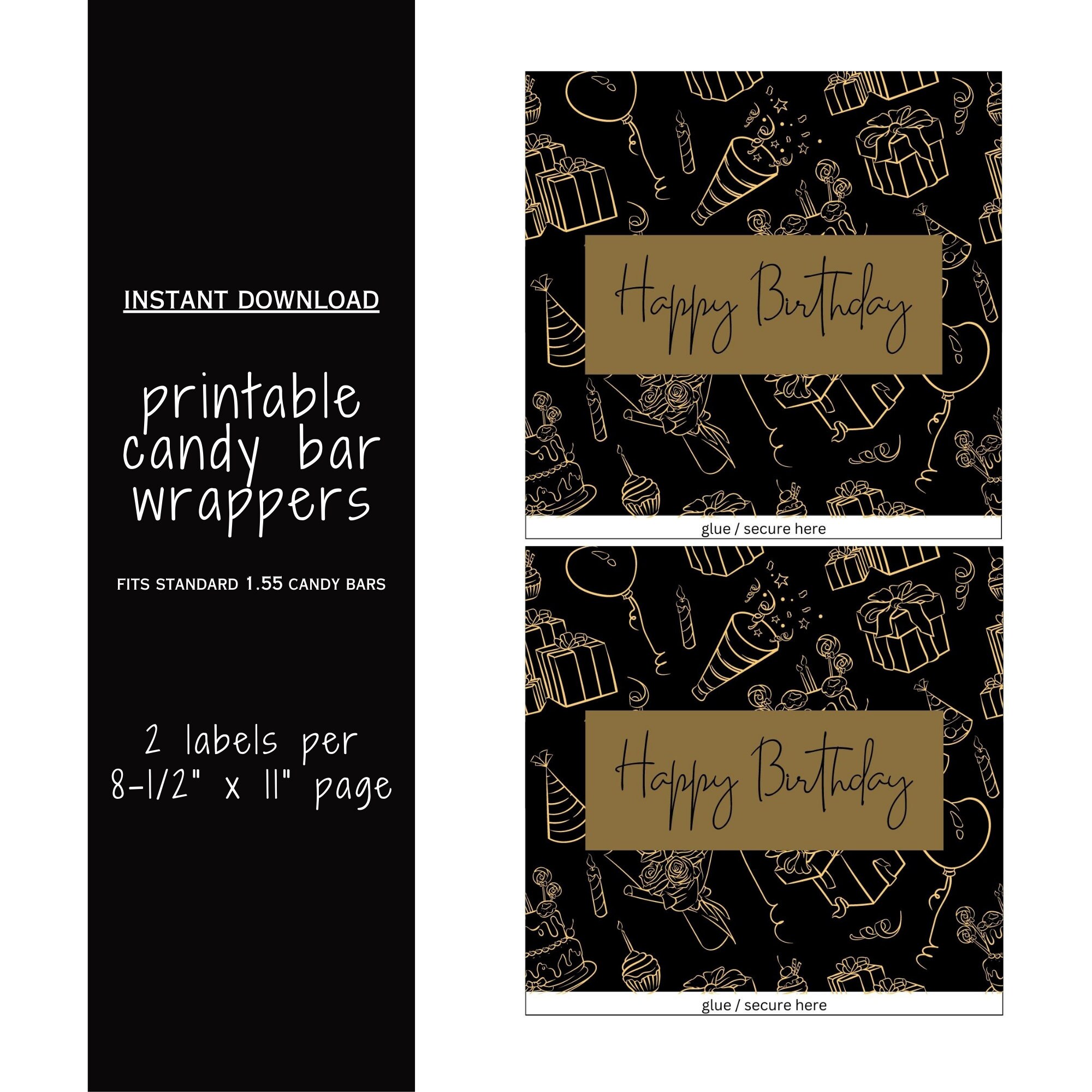 Happy Birthday Candy Bar Wrapper Printable Candy Wrapper Black Gold ...