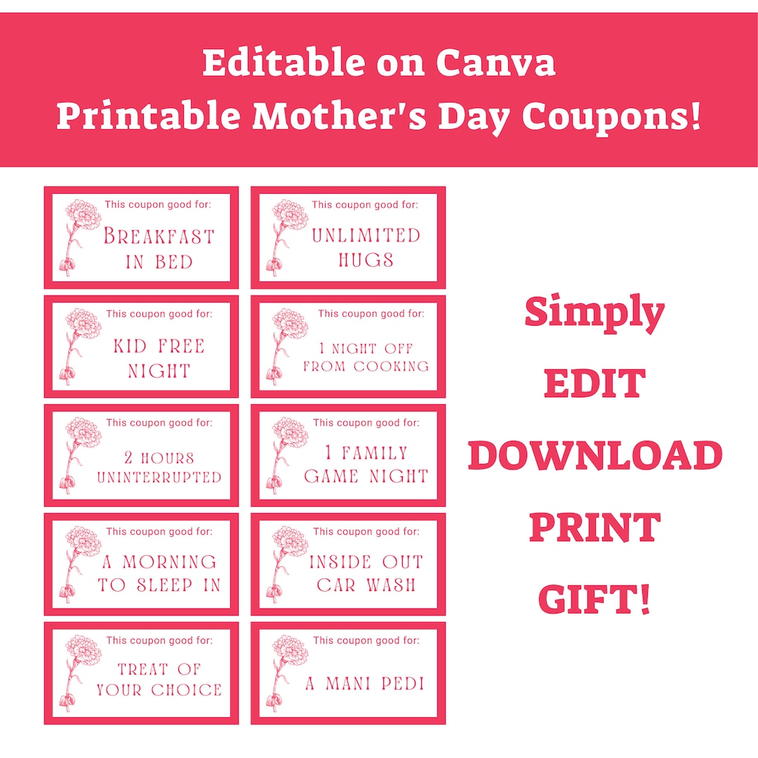 Editable Mother's Day Coupon Book: Printable Mom Coupons (digital ...
