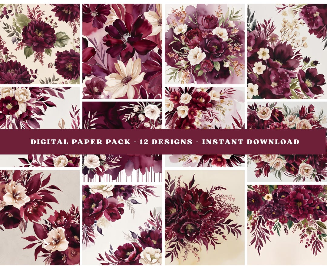 Burgundy Watercolor Floral Digital Paper: Wedding Scrapbook (digital ...