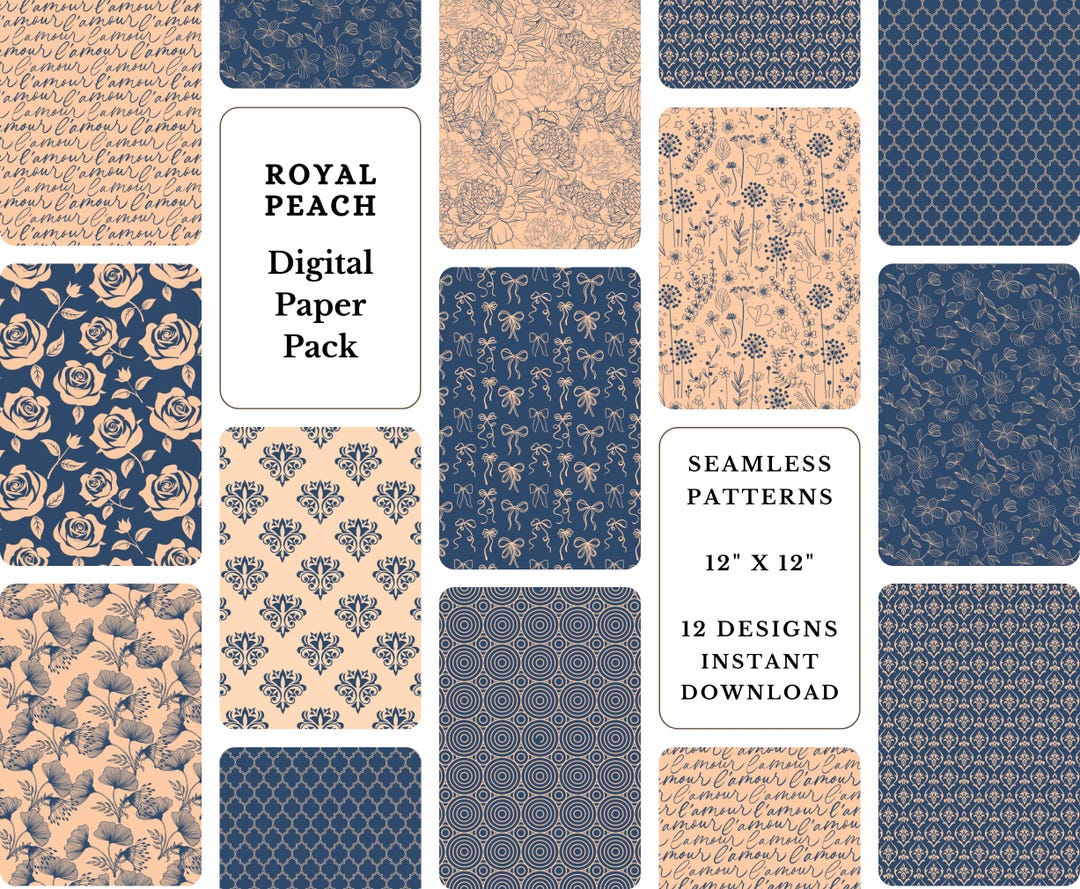 Navy Blue Digital Paper Pack | Peach and Blue Floral Patterns | Junk ...