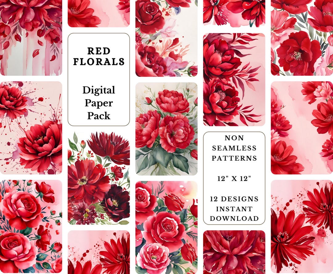 Red Floral Digital Paper Pack | Floral Watercolor Paper Pack | Floral ...
