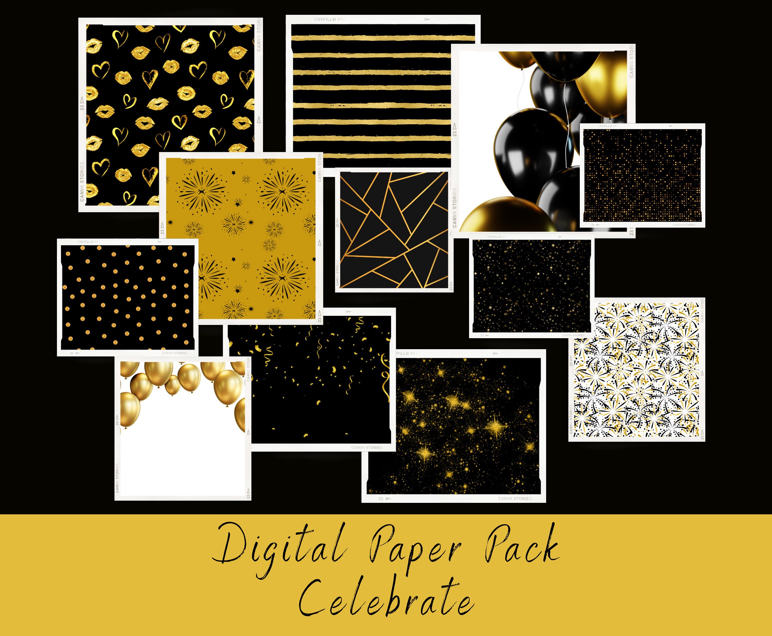 Celebration Digital Paper Pack, New Year's Digital Backgrounds, Black ...