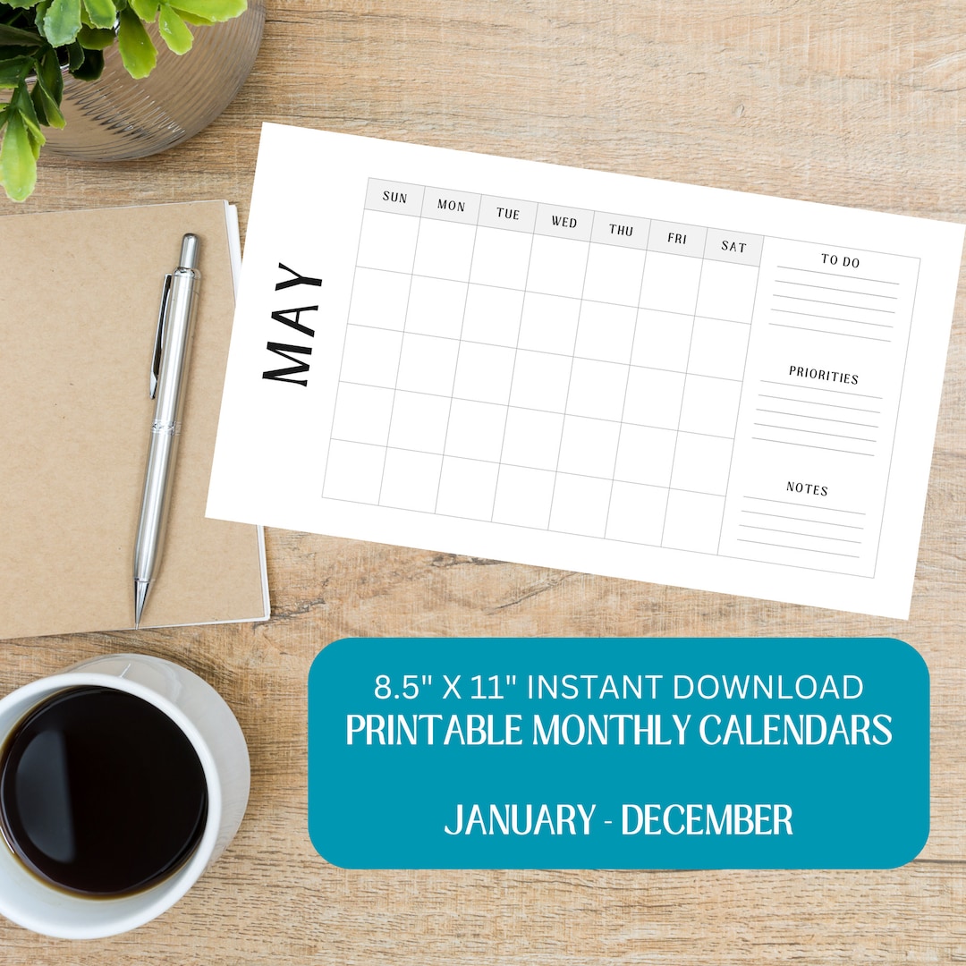 Printable Calendar Jan to Dec Monthly Calendars 8.5 X 11 Landscape ...