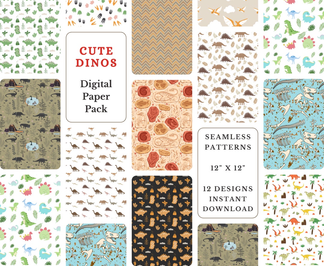 Cute Dinosaur Digital Paper Pack Seamless Dino Patterns Instant ...