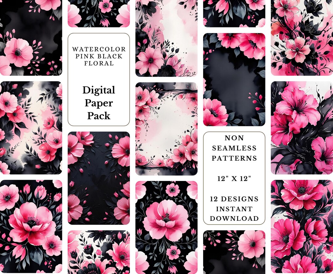 Black Pink Floral Digital Paper Pack: Watercolor Rose Scrapbook Paper ...