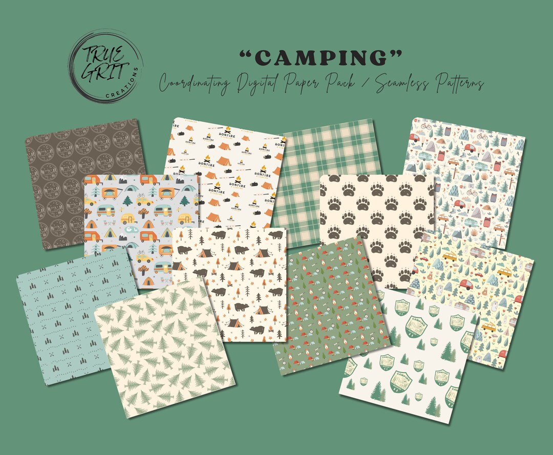 Camping Digital Paper Pack Scrapbooking Camping Patterns Seamless ...