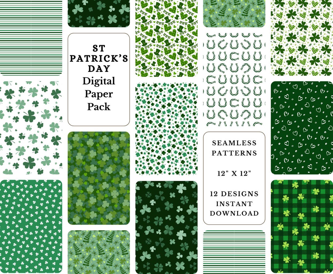 St Patrick's Day Digital Paper Pack: Shamrock Green Patterns (digital ...