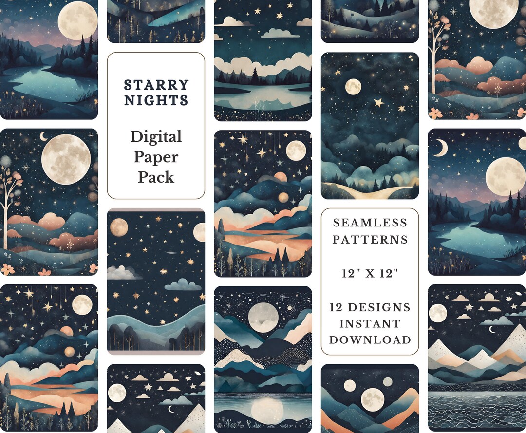 Starry Night Digital Paper Pack: Whimsical Galaxy Designs (PNG, PDF) - Etsy