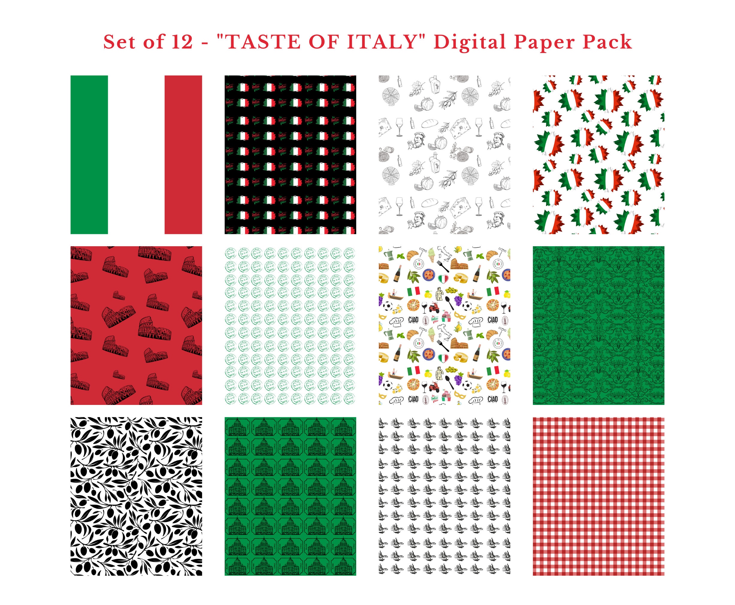 Italy Themed Digital Paper Pack: Seamless Scrapbook Patterns (instant ...