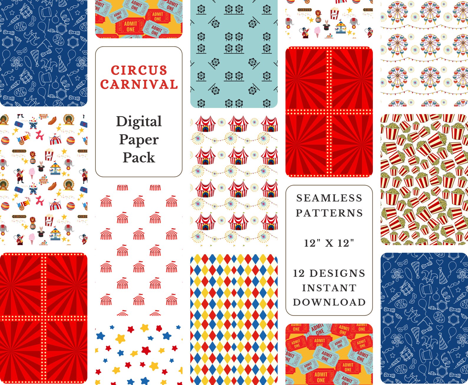 Circus Carnival Digital Paper Pack: Seamless Patterns (instant Download ...
