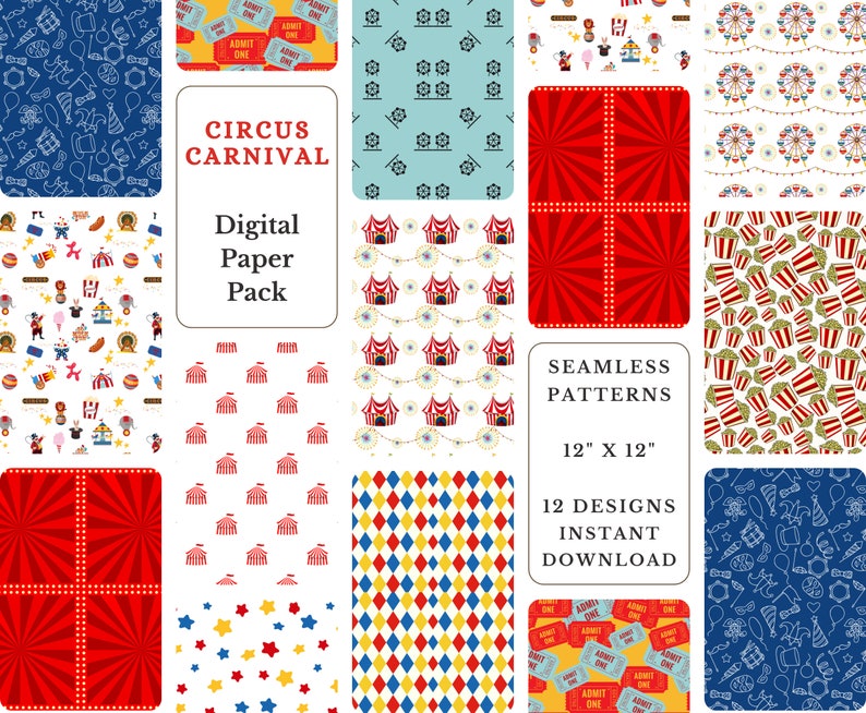 Circus Carnival Digital Paper Pack | Seamless Circus Patterns | Instant ...