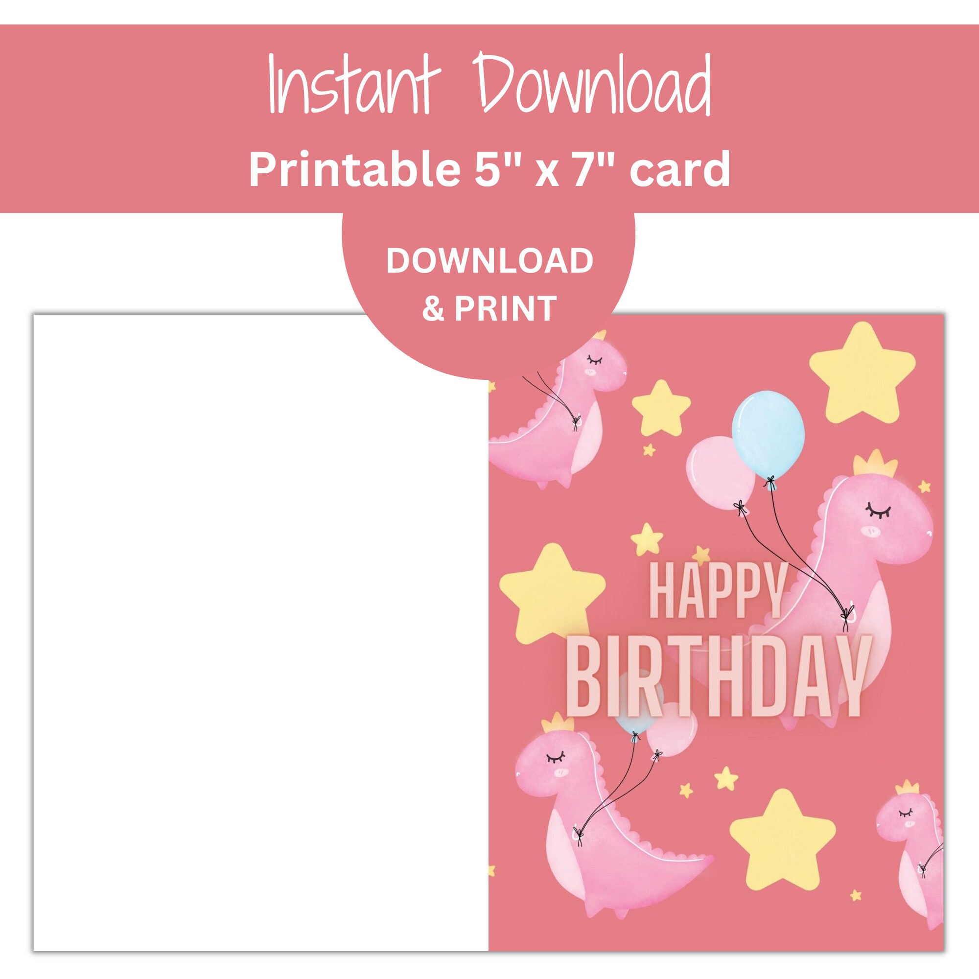 Printable Birthday Card Instant Download Birthday Card Pink Dinosaur ...