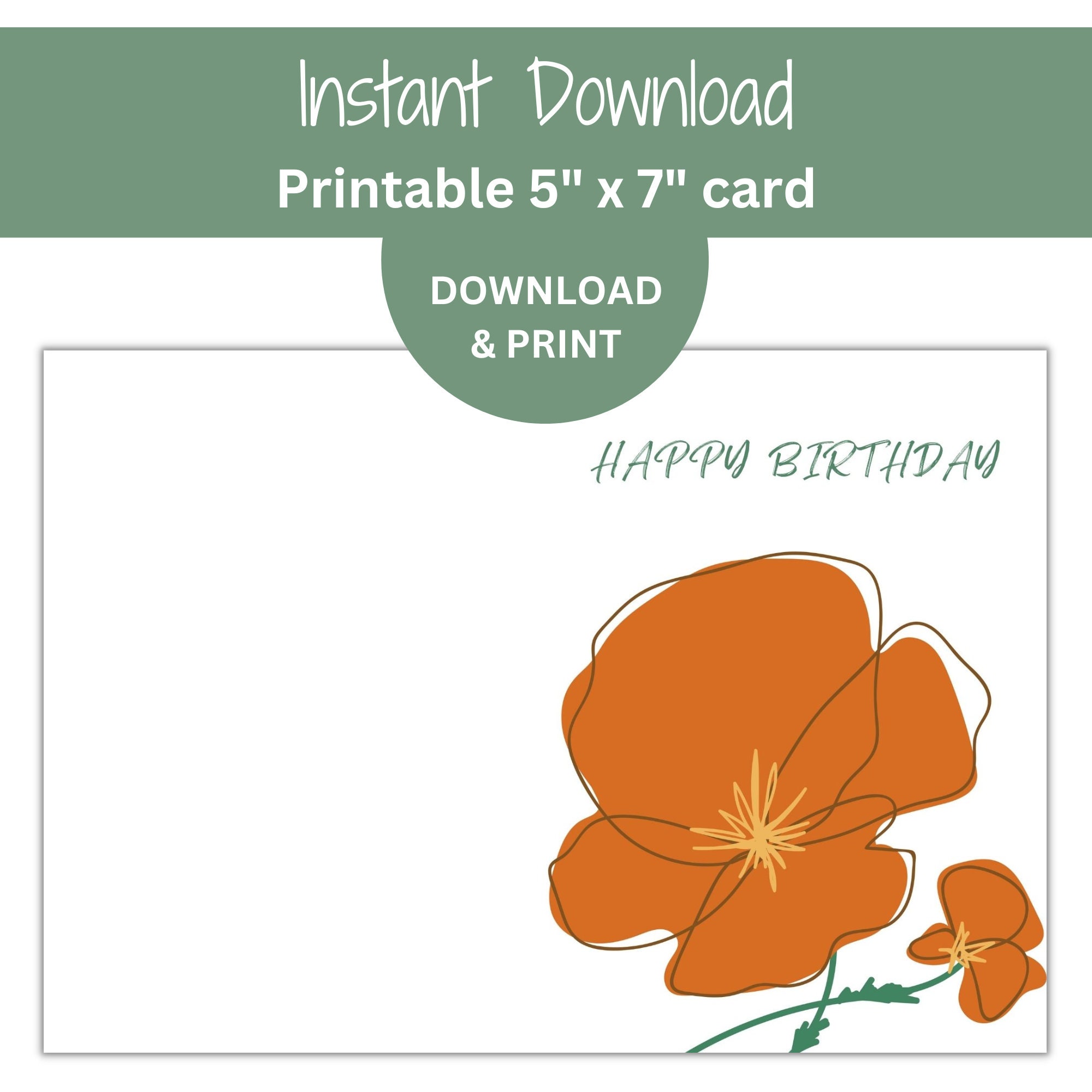 Printable Birthday Card Instant Download Birthday Card Orange Poppy ...