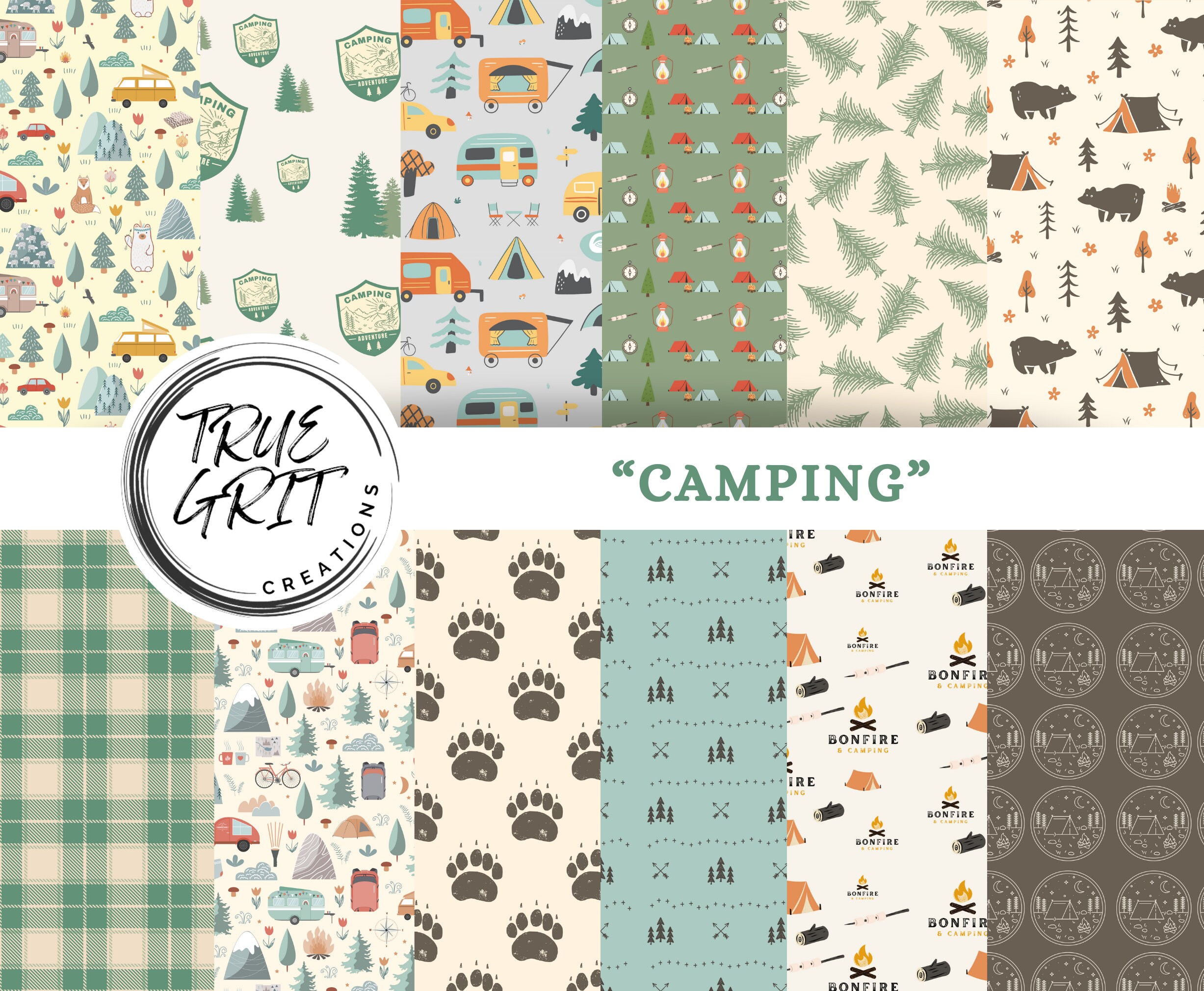 Camping Digital Paper Pack Scrapbooking Camping Patterns Seamless ...