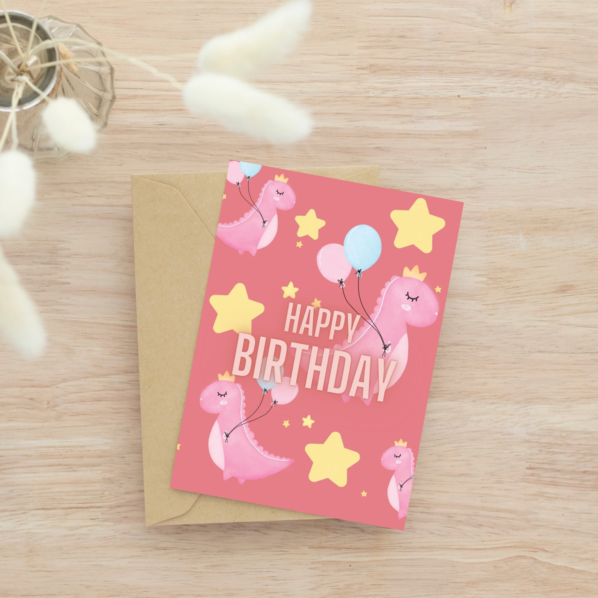 Printable Birthday Card Instant Download Birthday Card Pink Dinosaur ...