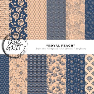 Navy Blue Digital Paper Pack | Peach and Blue Floral Patterns | Junk ...