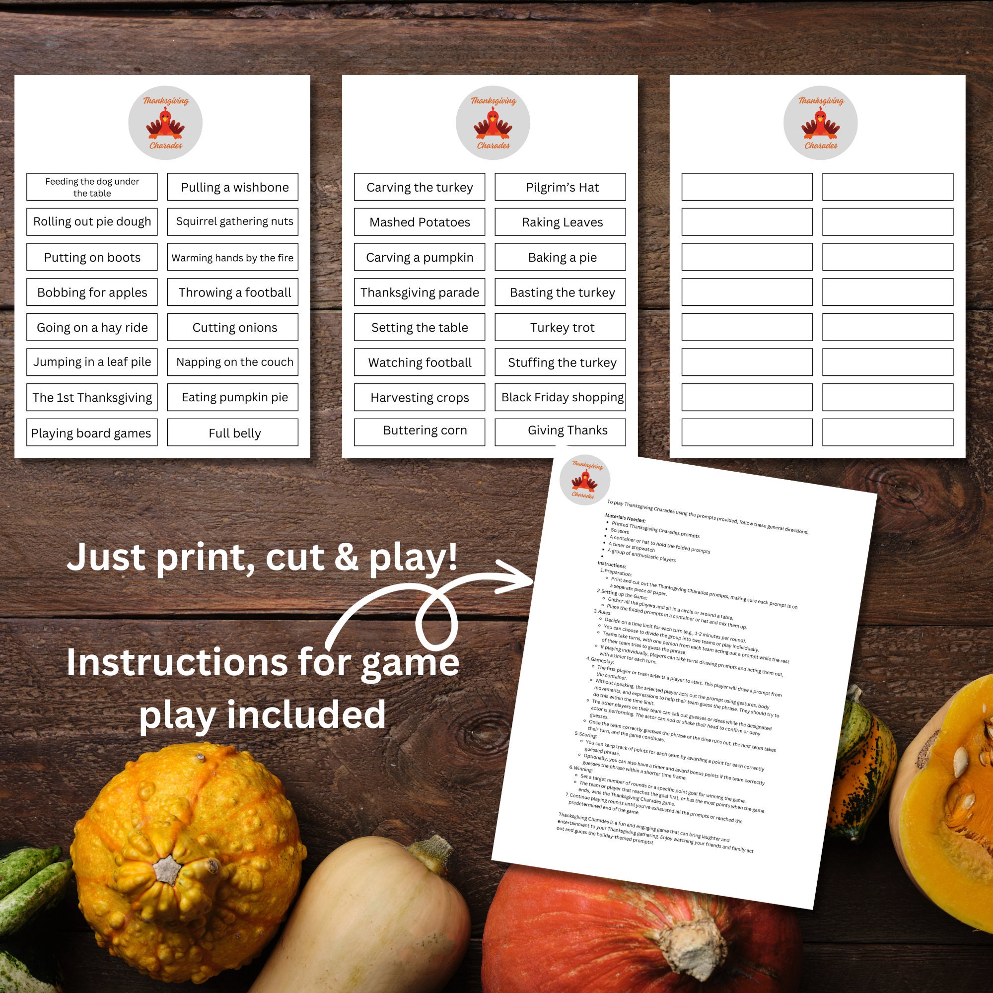 Thanksgiving Charades Game: Family Activity, 36 Prompts (instant ...